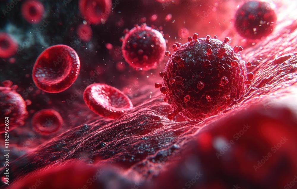 Microscopic View of Cancer Cells and Red Blood Cells in Human Body with ...