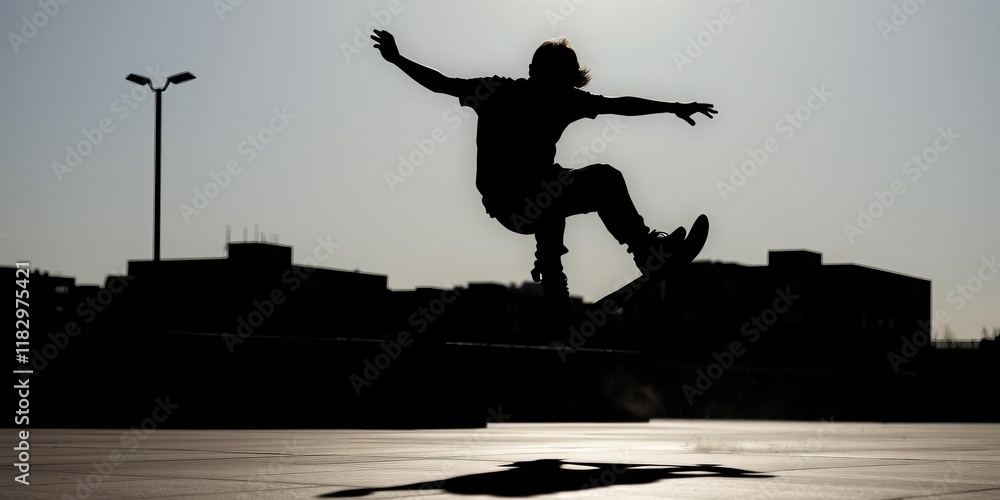 Skateboarder performing a trick in an urban setting with his shadow ...