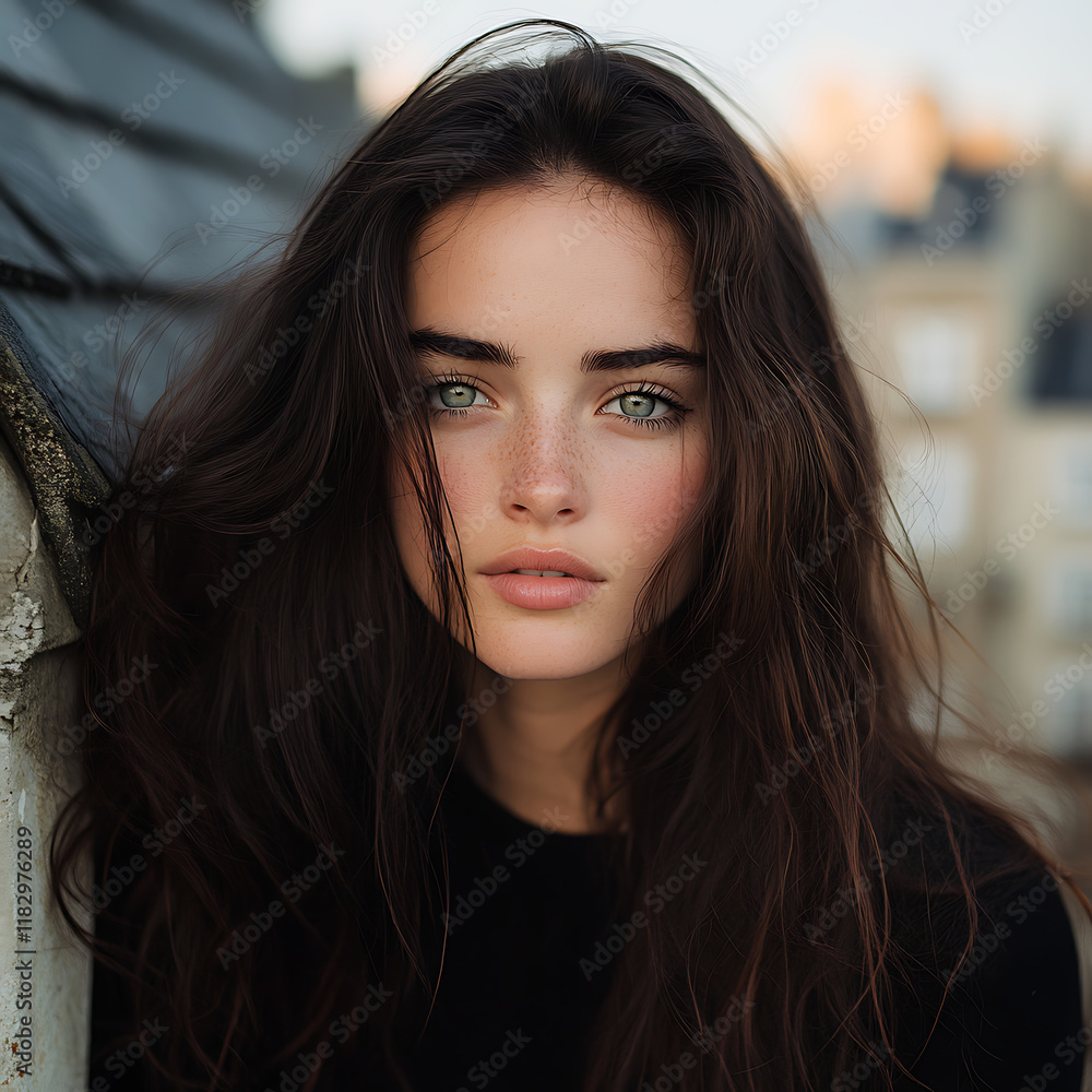 striking pose of a model framed by the unique angles of a mansard roof ...
