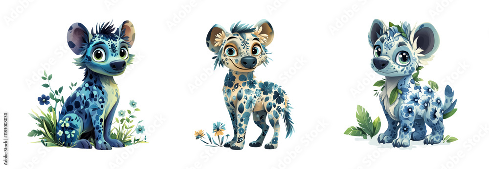 Cute Animated Hyena Characters with Floral Patterns Stock Illustration ...