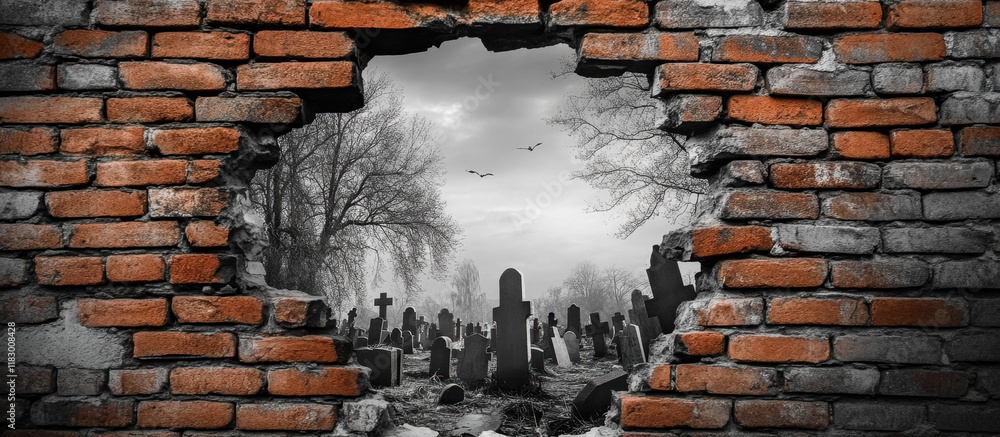 hole in brick wall reveals enchanted cemetery with gravestones ...