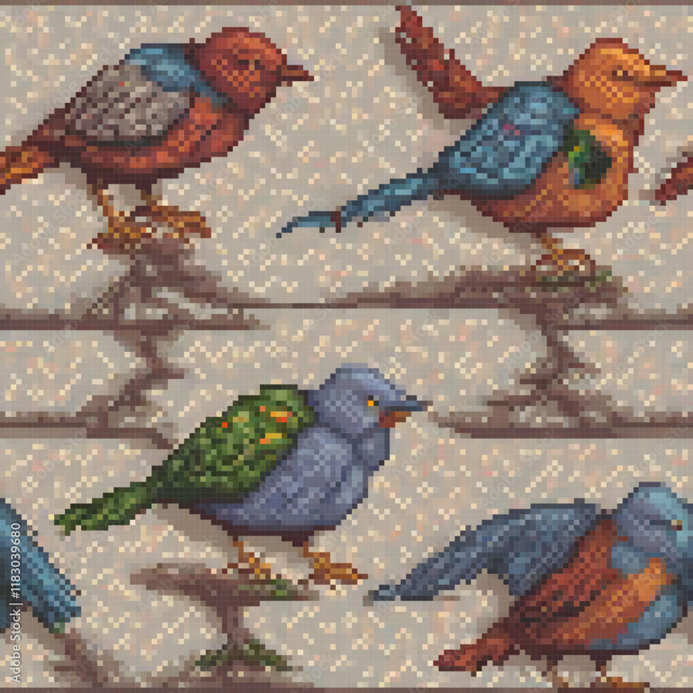 Pixel art cross stitch birds on branch - Handcrafted bird patterns for ...