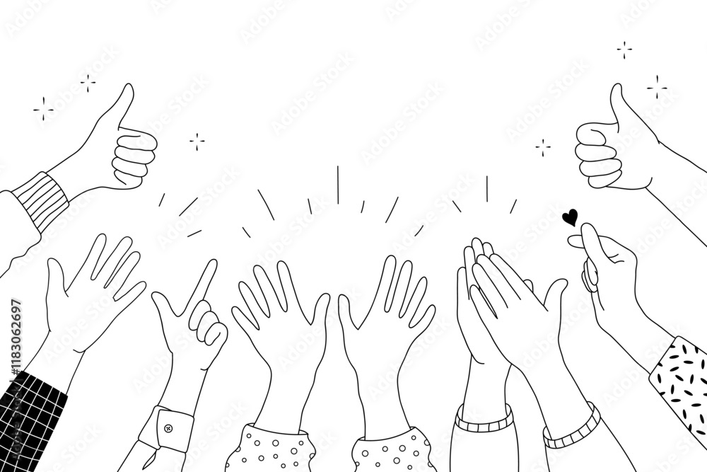 Applause hands set in doodle style. Human hands sketch, scribble arms ...