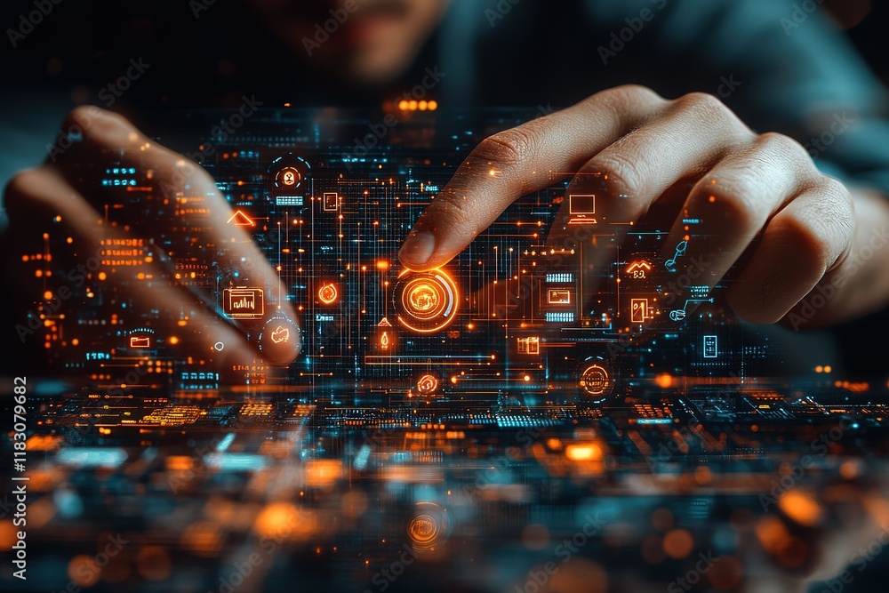 Interactive Digital Interface Futuristic Technology Concept Person Interacts With Glowing Data