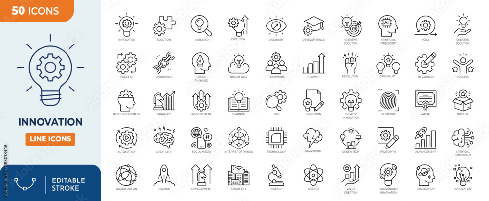 Innovation line editable icon set. Containing creativity, invention ...