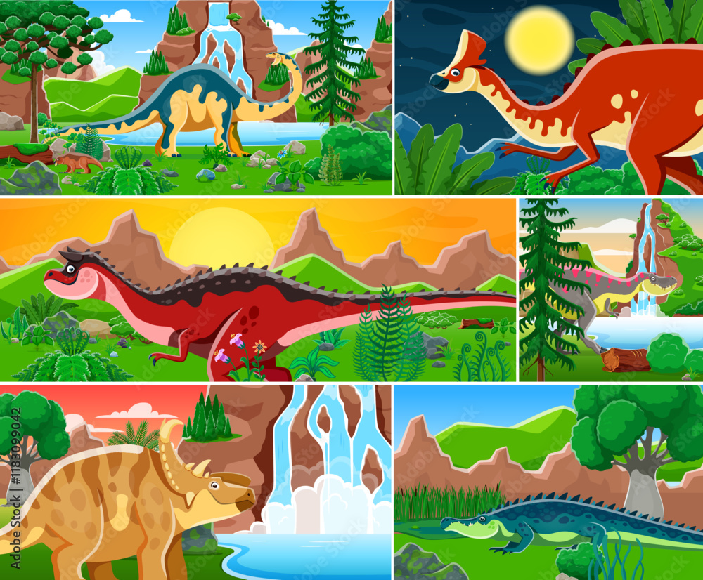 Cartoon dinosaur and reptile animals characters collage in prehistoric ...