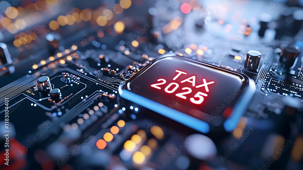 Glowing digital grid with bold metallic tax themed graphics against a ...