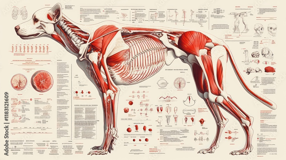 Detailed canine anatomy chart showing skeletal and muscular systems ...