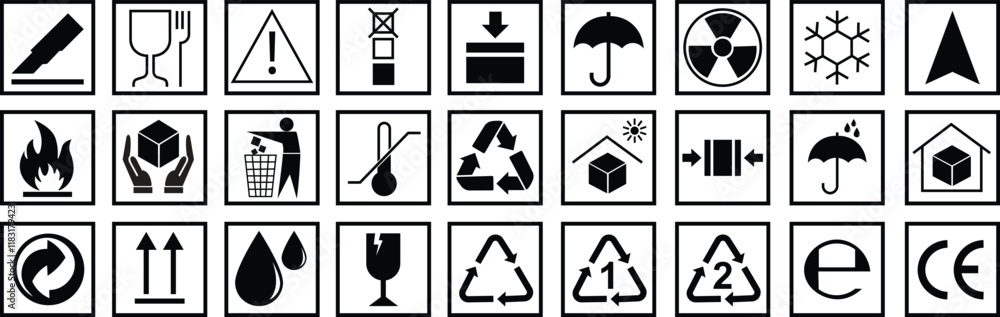 Handling and packing symbols icon set including fragile, recycle and caution signs. Packing ...