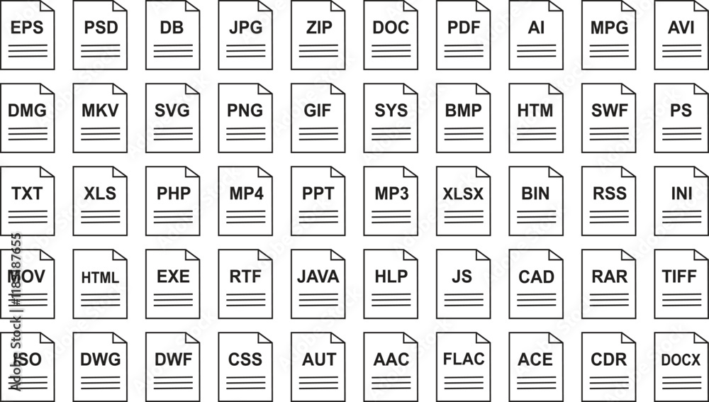 File type icon set. Popular files format and document. Format and ...