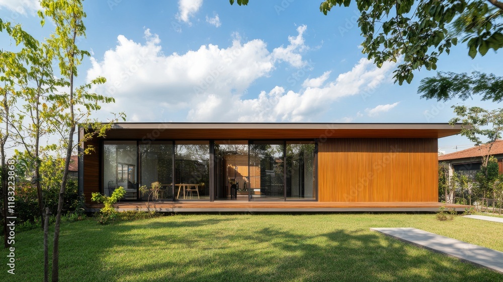 119.A minimalist house with a simple rectangular form, warm wooden ...