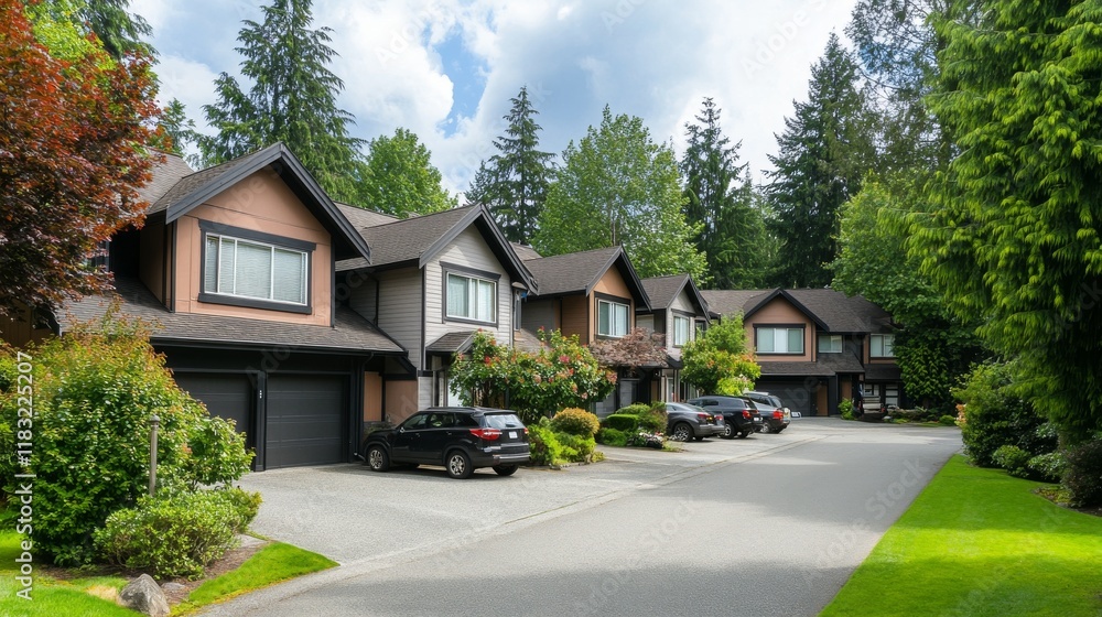 78.A panoramic view of four uniform townhomes in a suburban setting ...