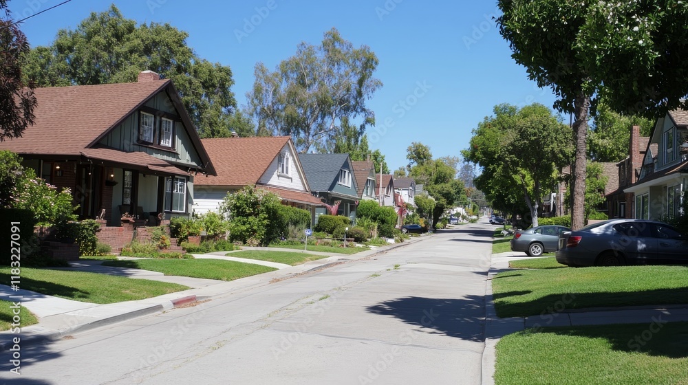 Ilustración de Stock 112.A suburban street with a mix of housing types ...