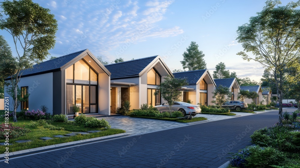 106.A twin house depicted in 3D with symmetrical architecture, a shared ...