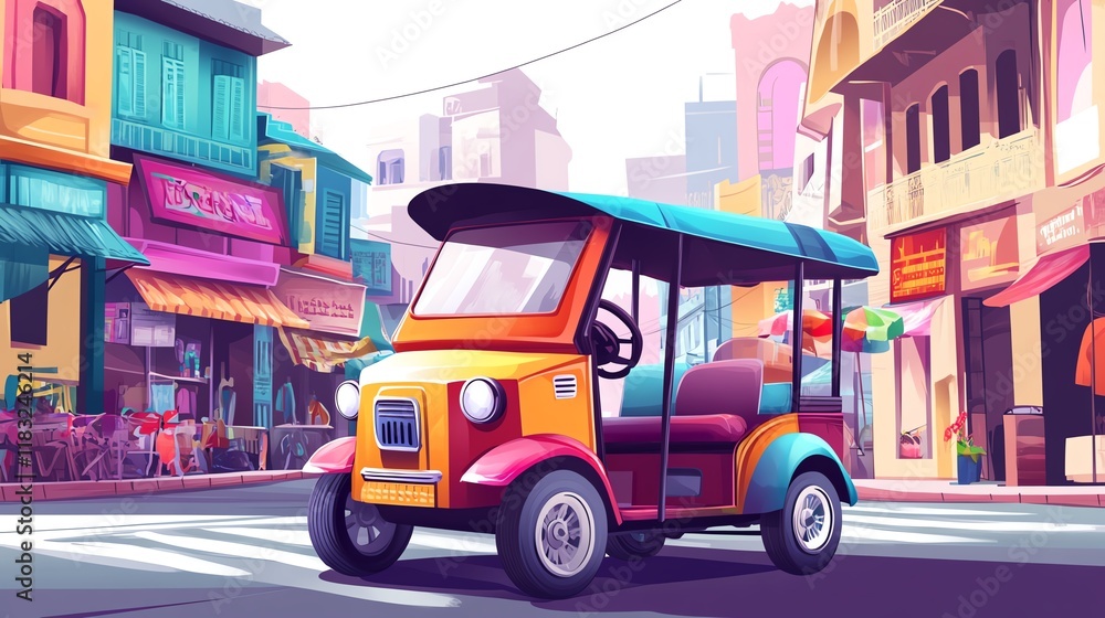 a 2D cartoon illustration of a cheerful tuk-tuk on a busy street ...