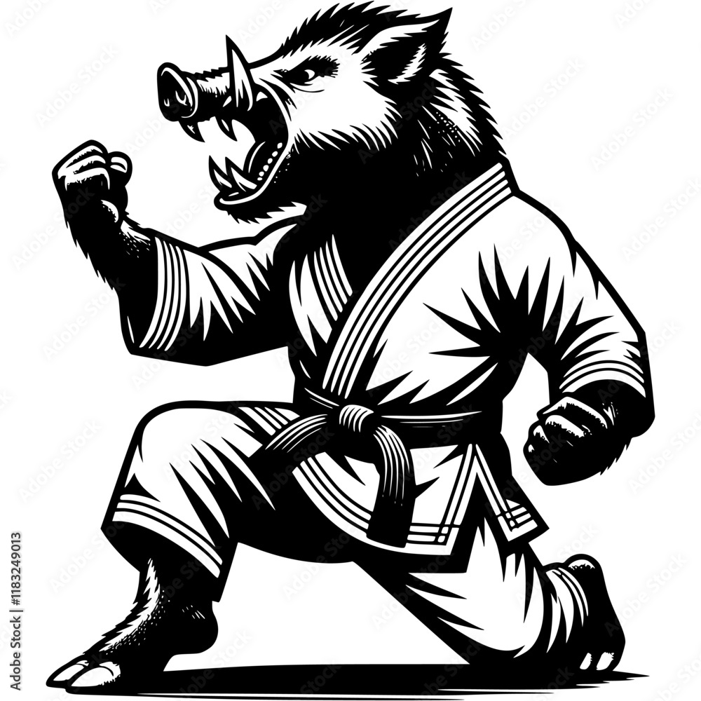 Karate boar athlete throws straight kick in attacking position in ...