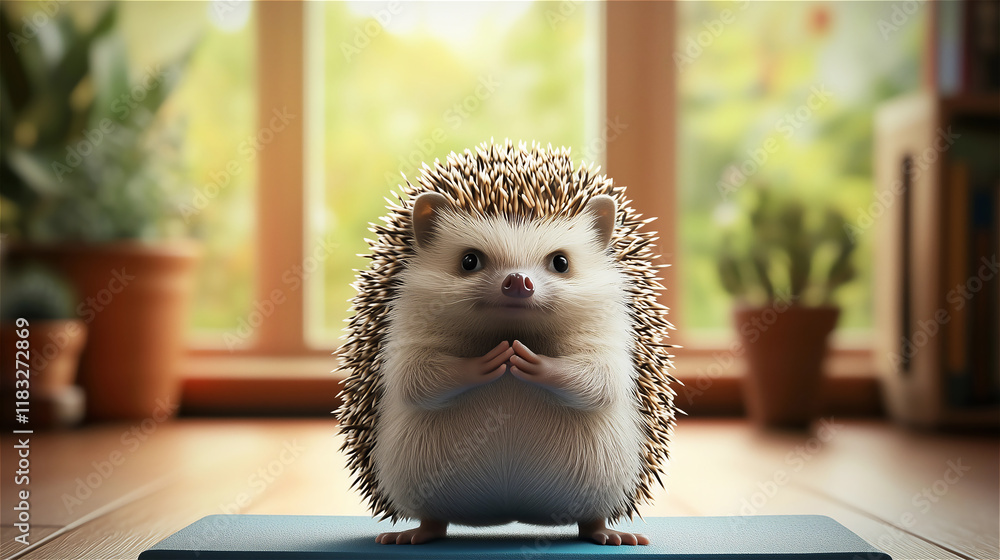 A cute hedgehog doing yoga in the living room, with a yoga mat. Cute ...