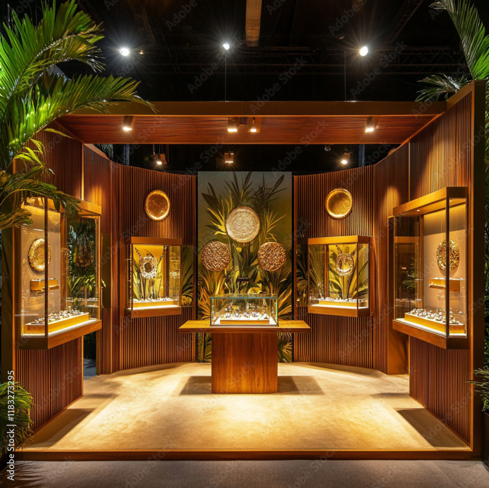 luxurious display booth at a high-end trade exhibition, featuring ...