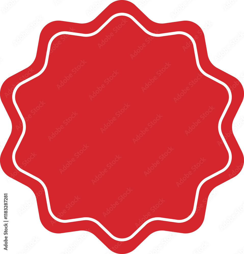 Blank red round starburst label with wavy edges and white borders. Flat ...