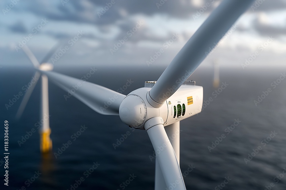 Massive offshore wind turbine blades spinning slowly and harnessing the ...