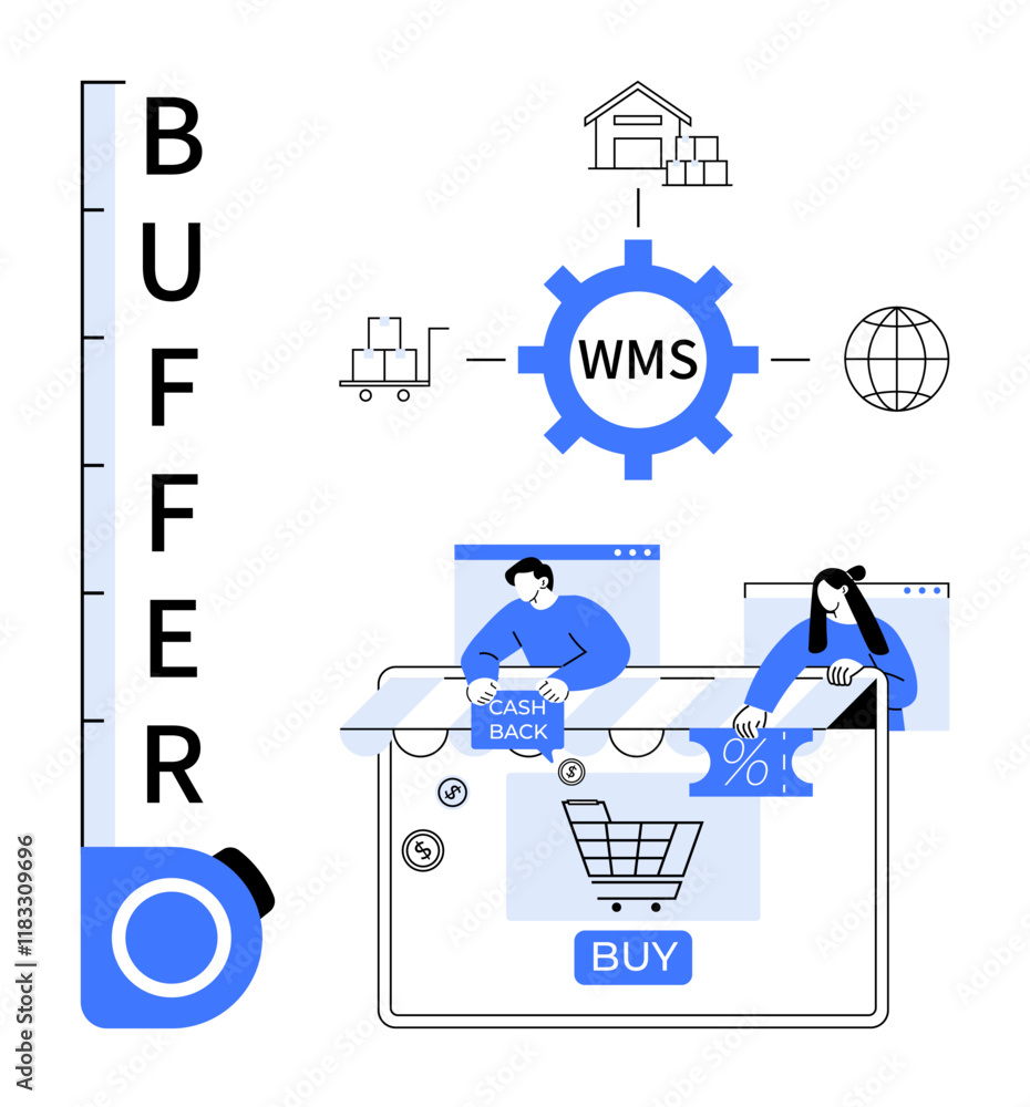 Measuring tape labeled buffer, WMS icon, two people on devices, online ...
