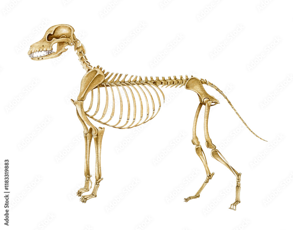 Dog skeleton hand drawn realistic detailed illustration. Canine bones ...