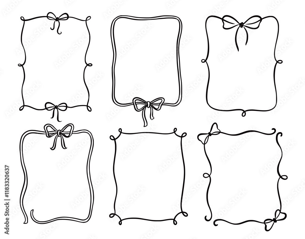 Bow frame ribbon border vintage hand drawn set. Hand drawn doodle ...
