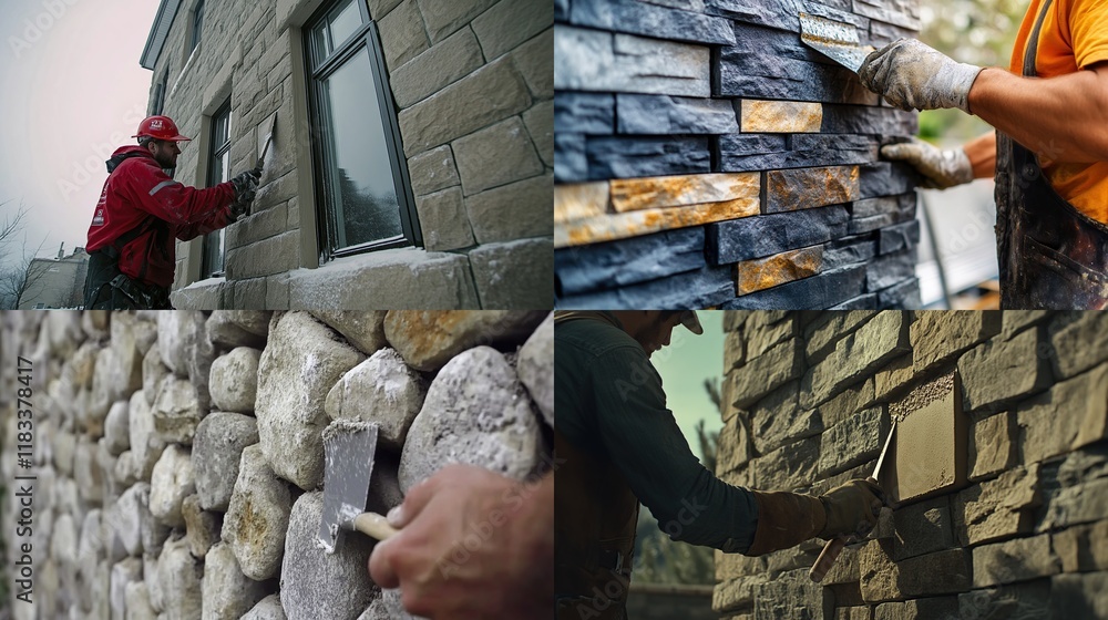 Stone veneer installation close-up shots of workers applying various ...