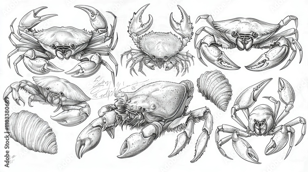 Detailed Pencil Drawings of Various Crab Species Stock Illustration ...