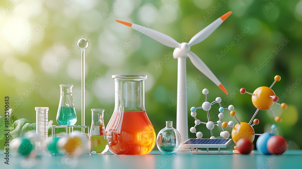 educational lab setup featuring model wind turbine, colorful beakers ...