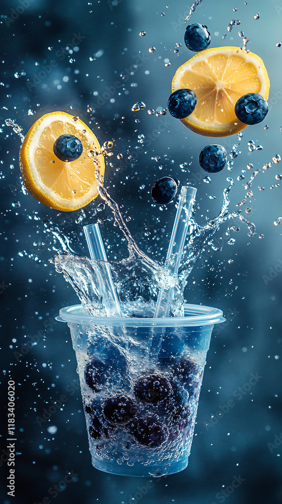 High-speed macro photography refreshing blueberry lemon drink splash vibrant dynamic motion ...