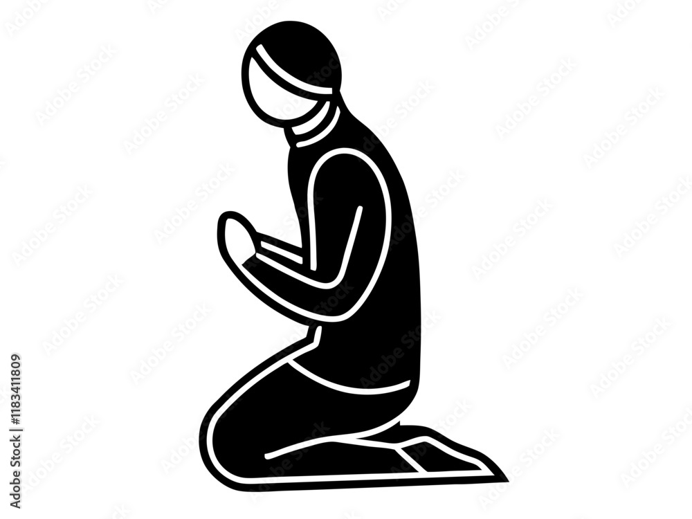 Minimalist silhouette, praying figure, black and white graphic ...