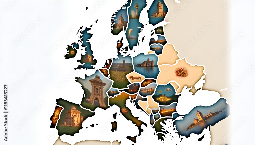 Map of Europe with vector images of iconic cultural sites and dishes of ...