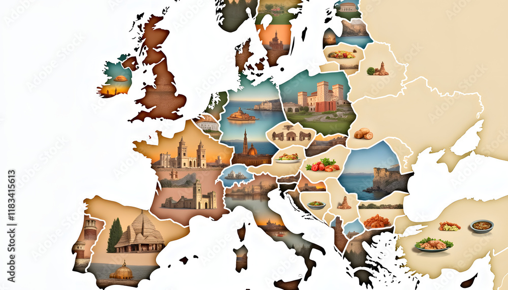 Map of Europe with vector images of iconic cultural sites and dishes of ...