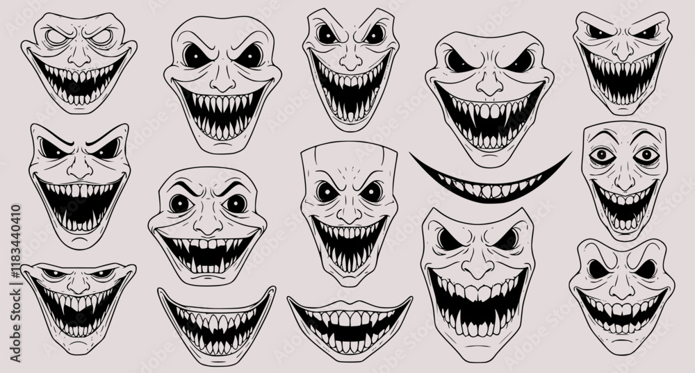 Set of scary smile masks. Collection of different types of smiling ...