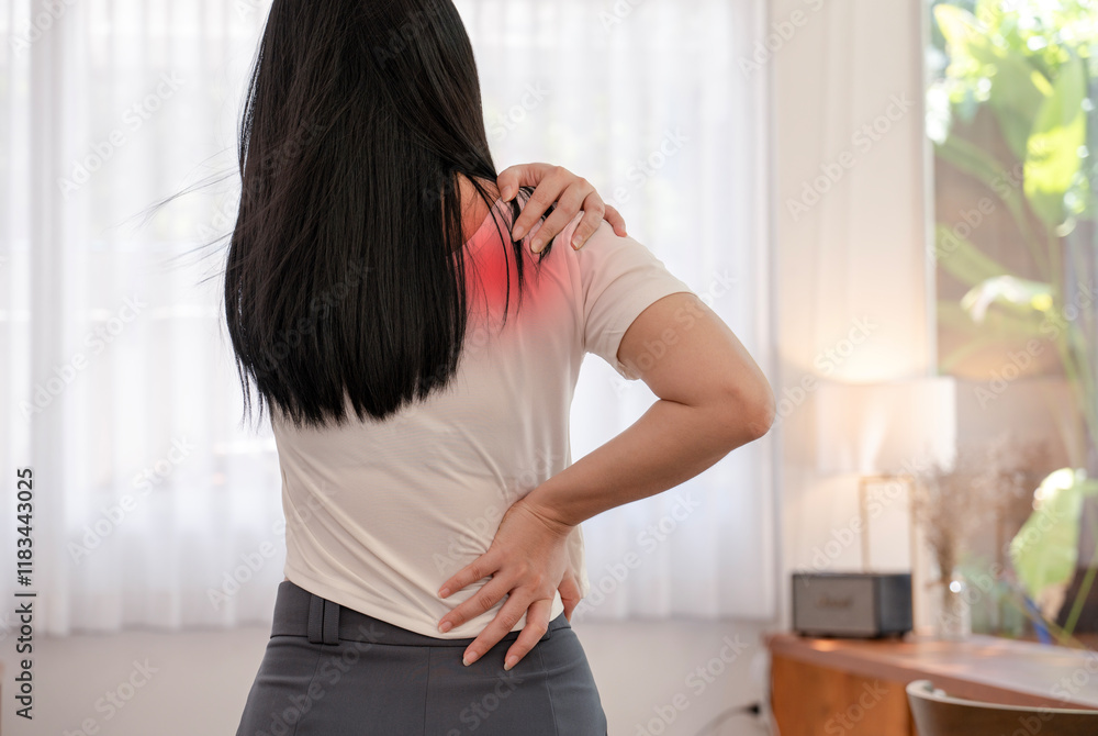 woman having muscle painful pain syndrome shoulder and neck pain ...