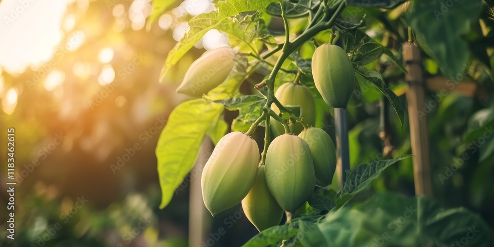 Papaya growing on the tree illustrates the growth journey from small ...