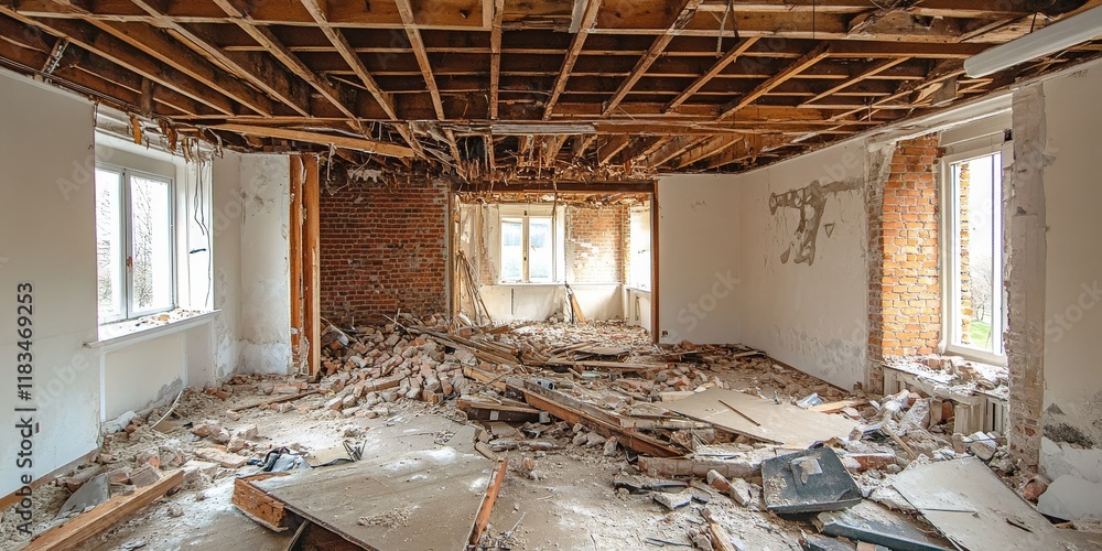 Demolition of an old house reveals the wood structure of the roof ...
