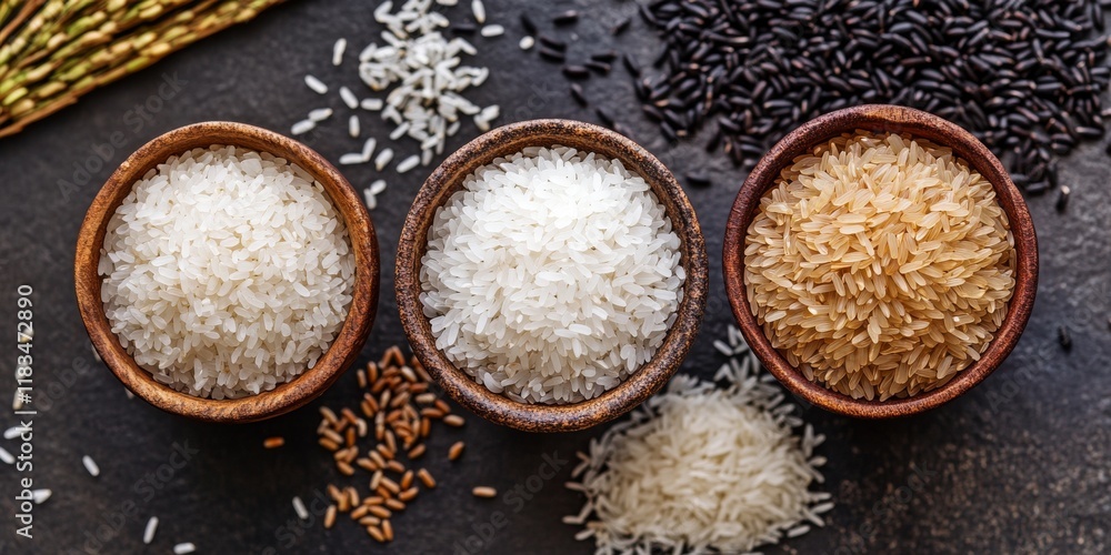 Diverse food background featuring three types of rice varieties, paddy ...
