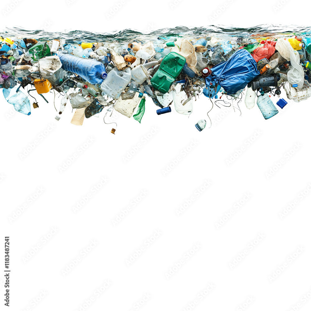 Ocean plastic pollution, showing various types and sizes of debris ...