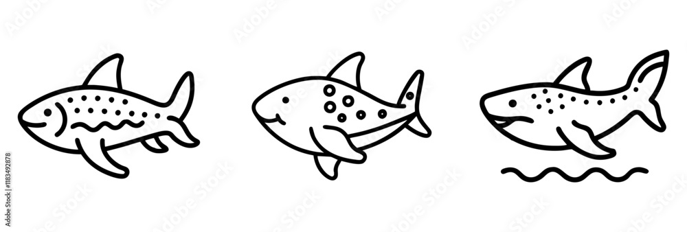 whale shark icon, fish line art, fish vector - simple black line art ...