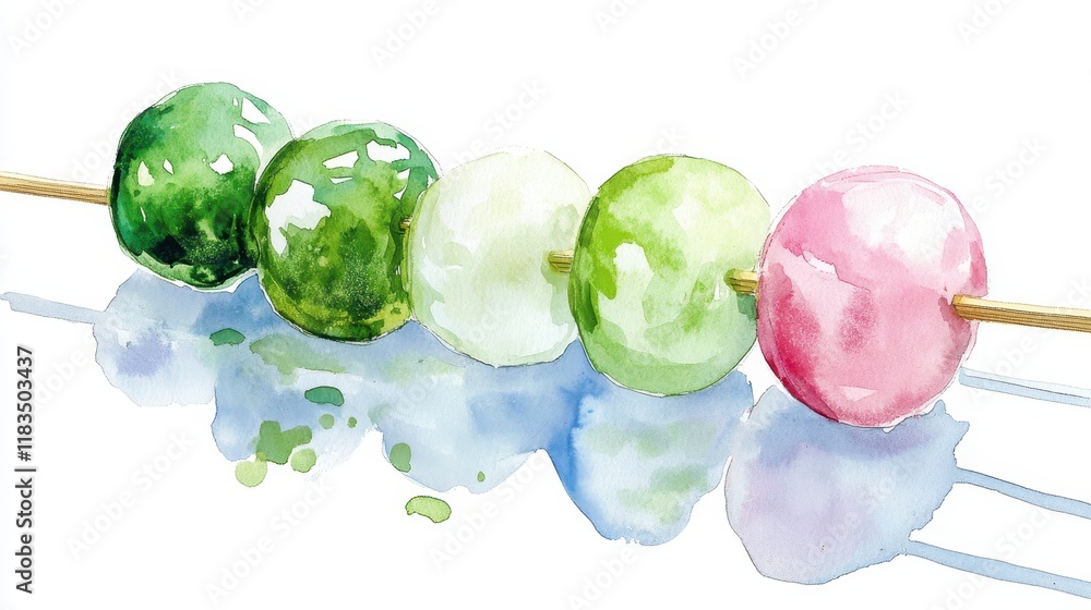 Watercolor of Dango Three Coloured Dumplings isolated on white ...