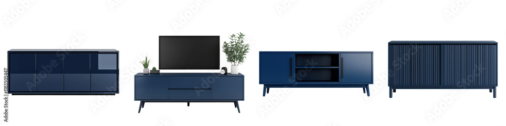 Sleek and contemporary navy blue TV entertainment center with open ...