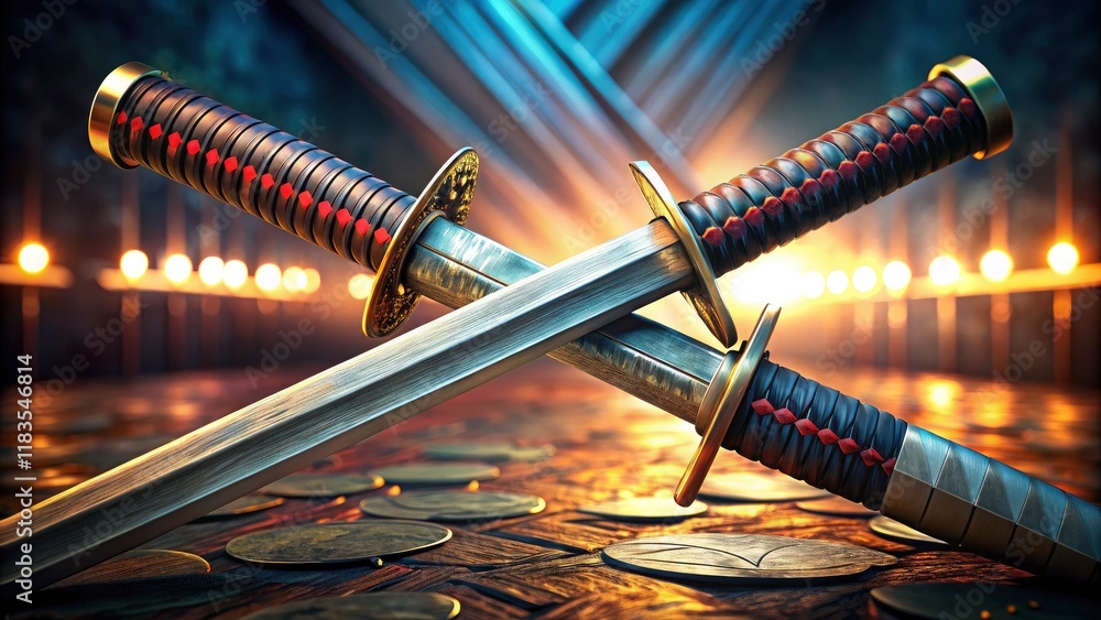 Ancient Japanese katanas and shuriken intersect in a detailed image ...