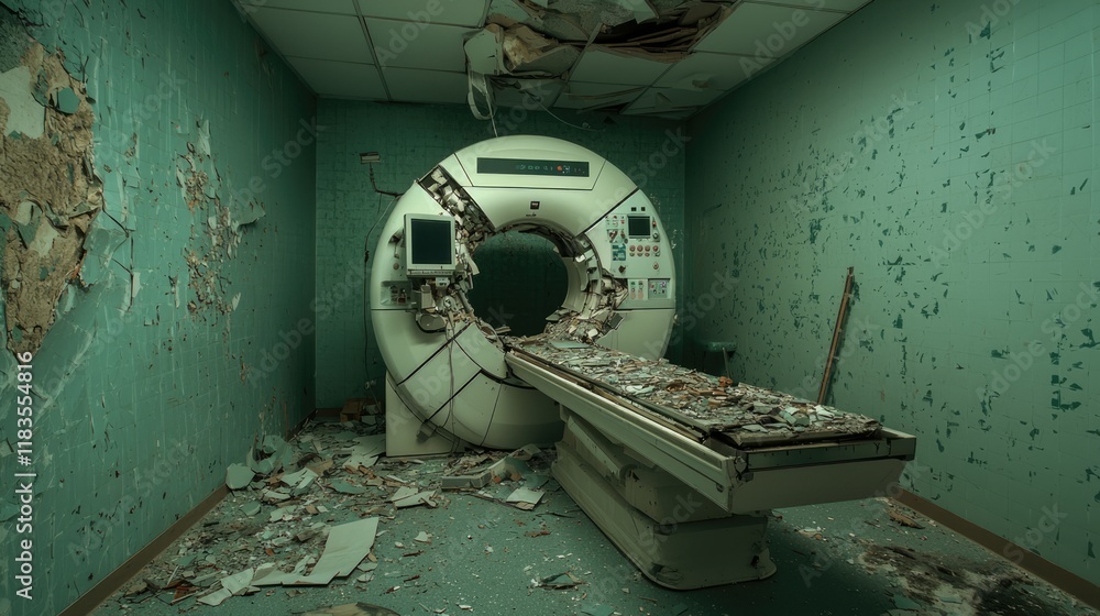 An abandoned, dilapidated medical room featuring a broken CT scanner ...