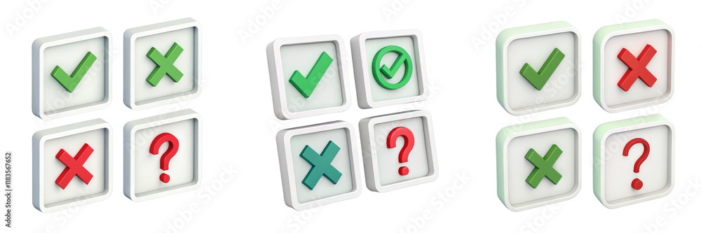 3D Rendered Check Mark, Cross, and Question Mark Icons in Square Boxes ...