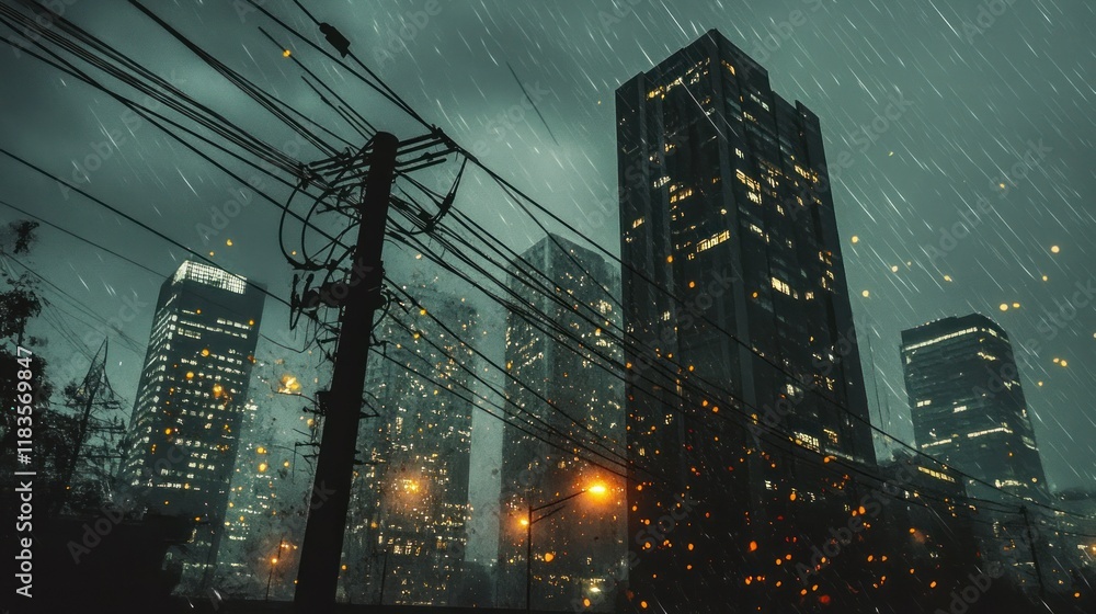 A terrifying nighttime view of a city during an earthquake, with ...