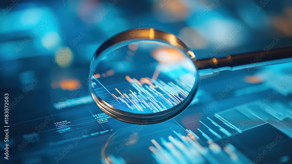 A magnifying glass over financial charts and graphs, symbolizing close ...