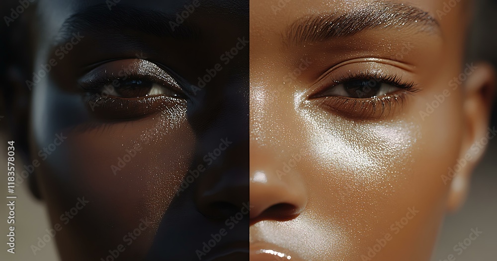two faces under ultralight on a split-screen visual. Dark skin, balck ...