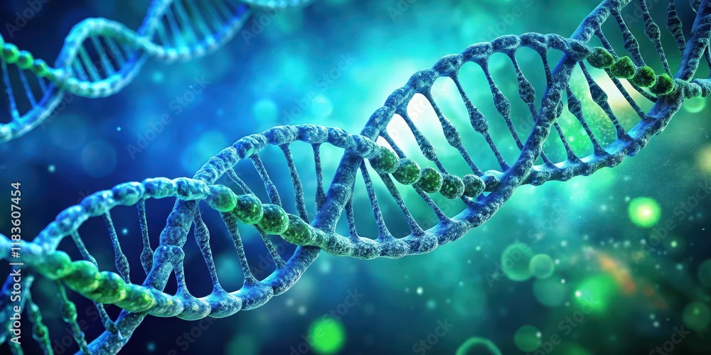 DNA double helix structure with blue and green color scheme background ...